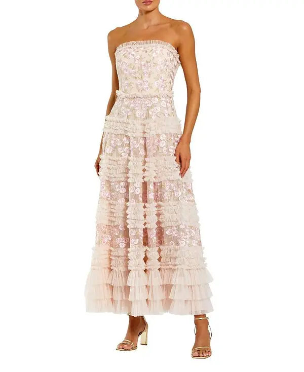 Mac Duggal Floral Embroidered Strapless Ruffle Midi Dress - Blush Multi