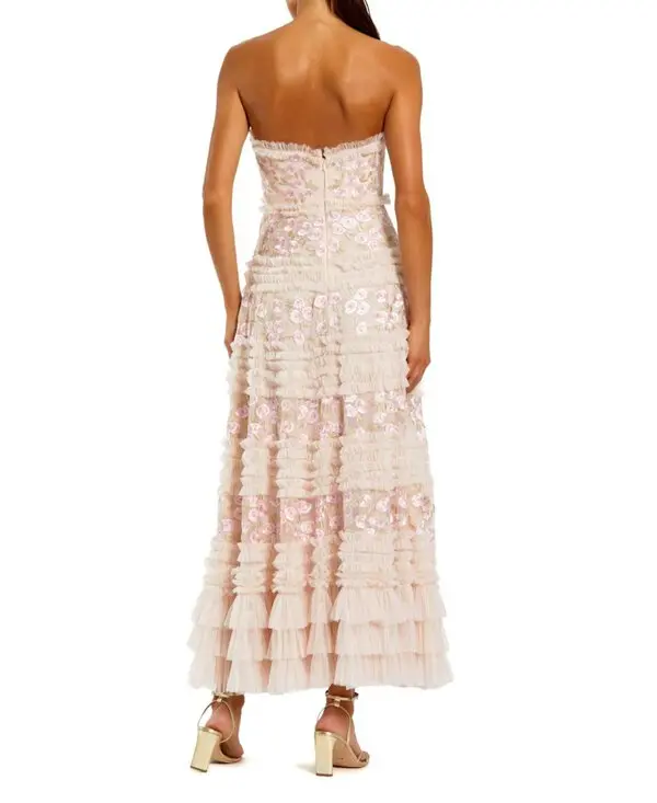 Mac Duggal Strapless Floral Ruffled Midi Dress
