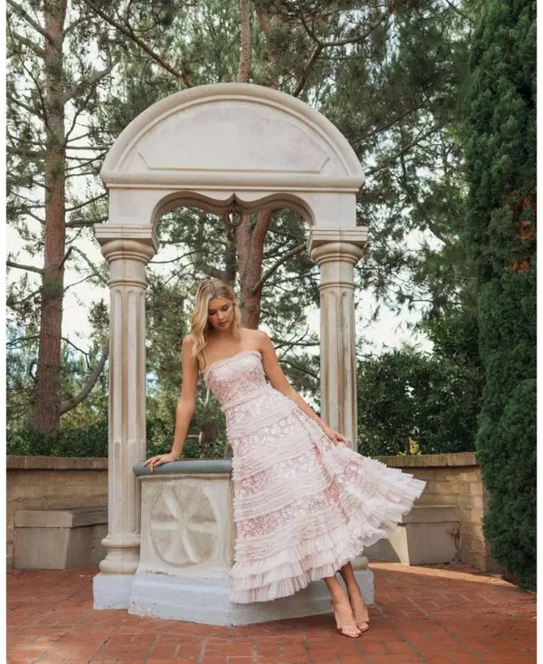 Mac Duggal Strapless Floral Ruffled Midi Dress
