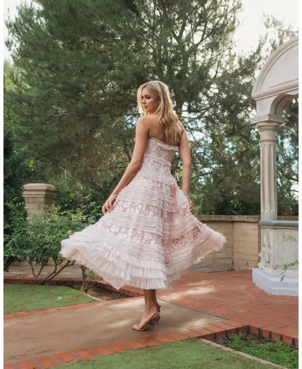 Mac Duggal Strapless Floral Ruffled Midi Dress
