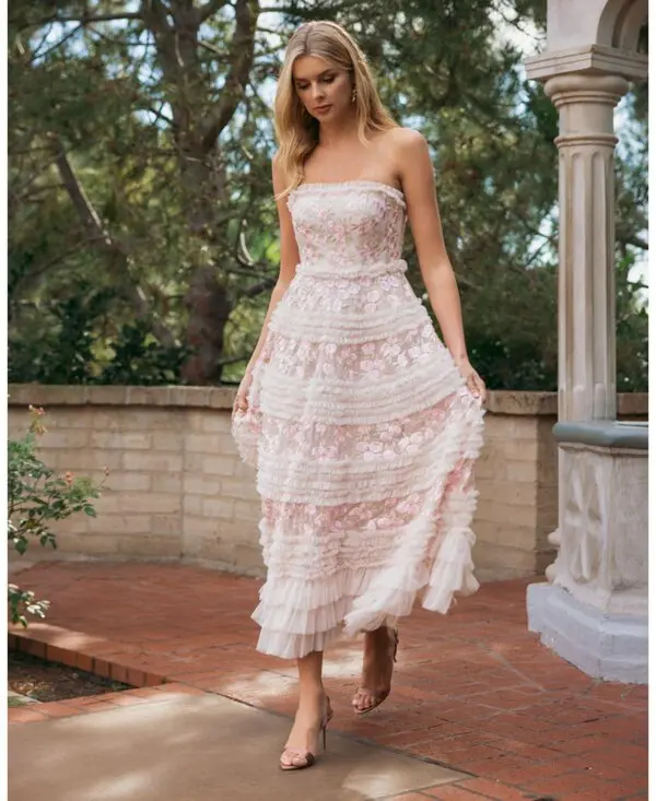 Mac Duggal Strapless Floral Ruffled Midi Dress