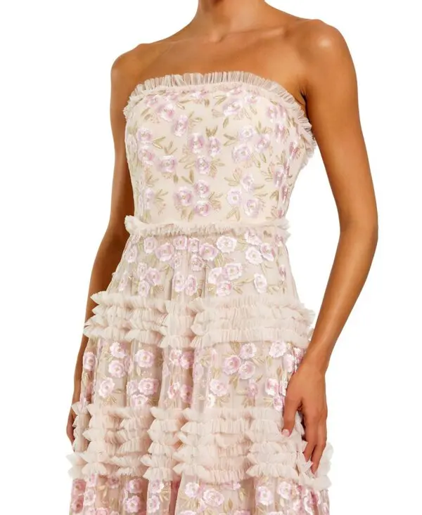 Mac Duggal Strapless Floral Ruffled Midi Dress