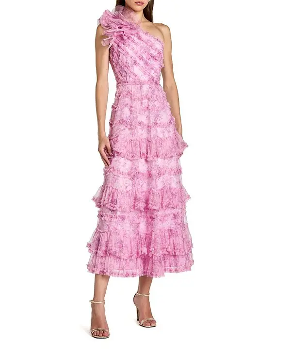 Mac Duggal Printed One-shoulder Ruffled A-line Midi Dress - Pastel Multi