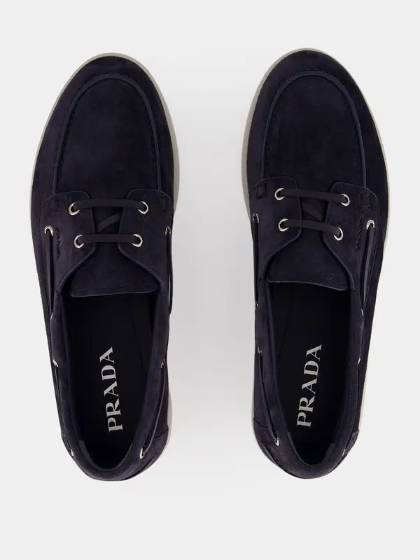 Prada Suede Boat Shoes With Laces - Blue
