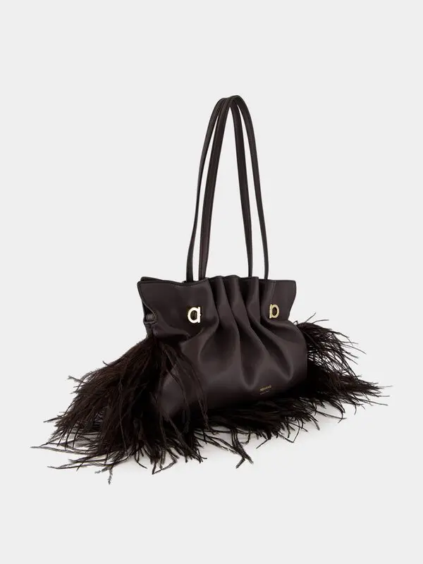 FERRAGAMO Nappa Leather Feather Small Soft Bag - Black