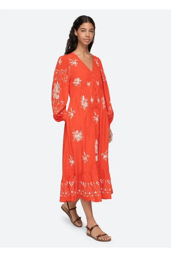 Sea Serafina Embroidered Midi Dress - Orange / Red