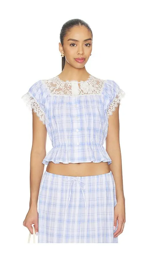 YUHAN WANG Lace Trim Button Check Top - Blue Check