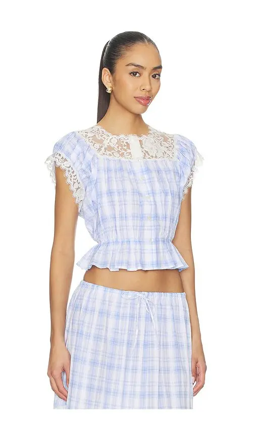 YUHAN WANG Lace Trim Button Check Top - Blue Check