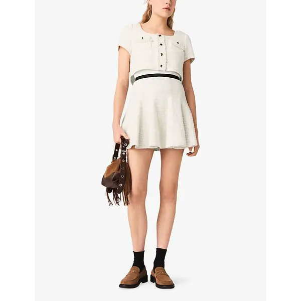 Maje Two-in-one Scoop-neck Tweed Mini Dress - Ecru