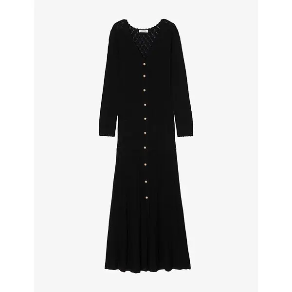 Sandro Long-sleeve Flared Open-knit Maxi Dress - Black