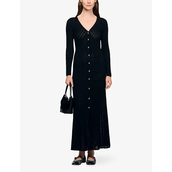 Sandro Long-sleeve Flared Open-knit Maxi Dress - Black