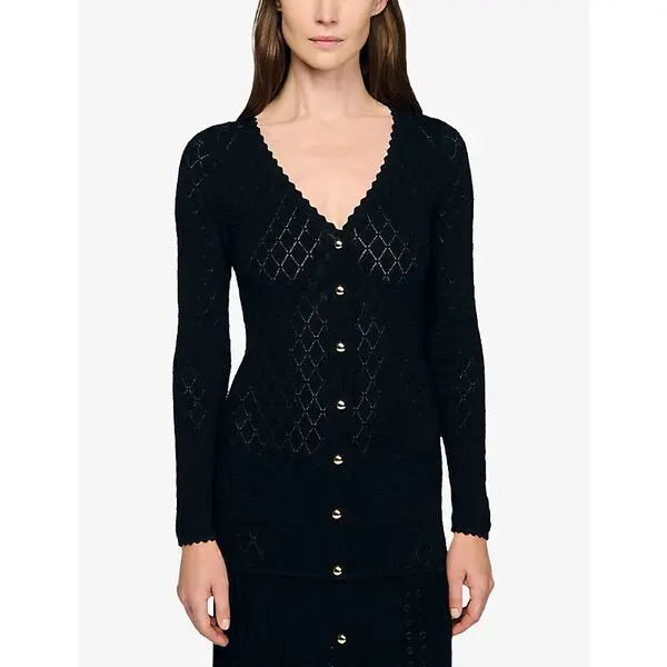 Sandro Long-sleeve Flared Open-knit Maxi Dress - Black