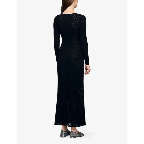 Sandro Long-sleeve Flared Open-knit Maxi Dress - Black