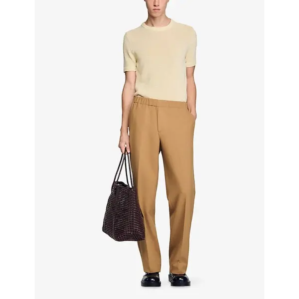 Sandro Elasticated-waist Wide-leg Stretch-woven Trousers - Nut