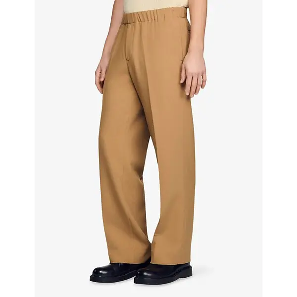 Sandro Elasticated-waist Wide-leg Stretch-woven Trousers - Nut