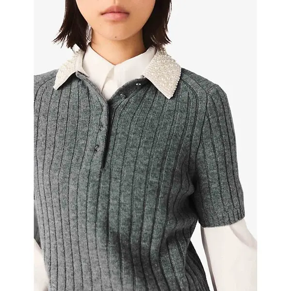 Maje Beaded Removable-collar Stretch Wool-blend Jumper
