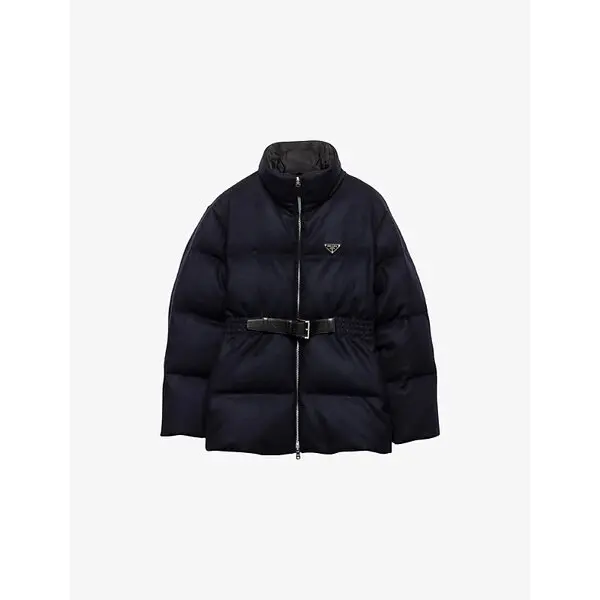 Prada Loden Belted Shell-down Puffer Jacket - Blue