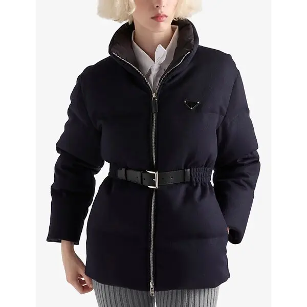Prada Loden Belted Shell-down Puffer Jacket - Blue