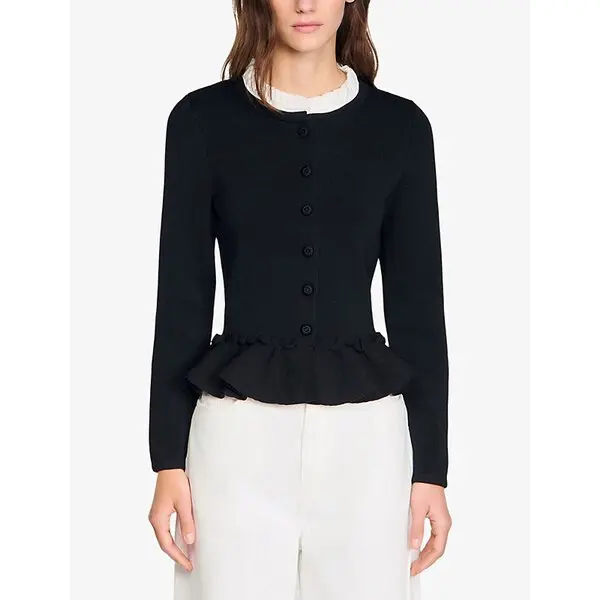 Sandro Stretch-knit Cardigan With Ruffle Collar And Peplum Hem