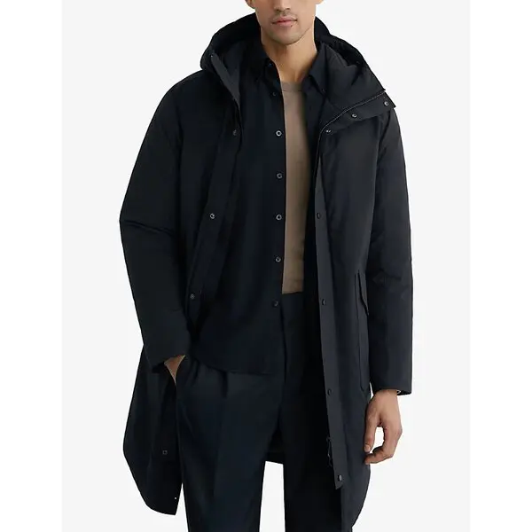 REISS Quilted Hooded Woven Coat