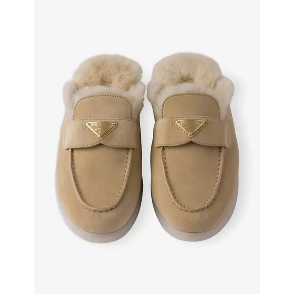 Prada Brand-plaque Suede And Shearling Mules - Neutral