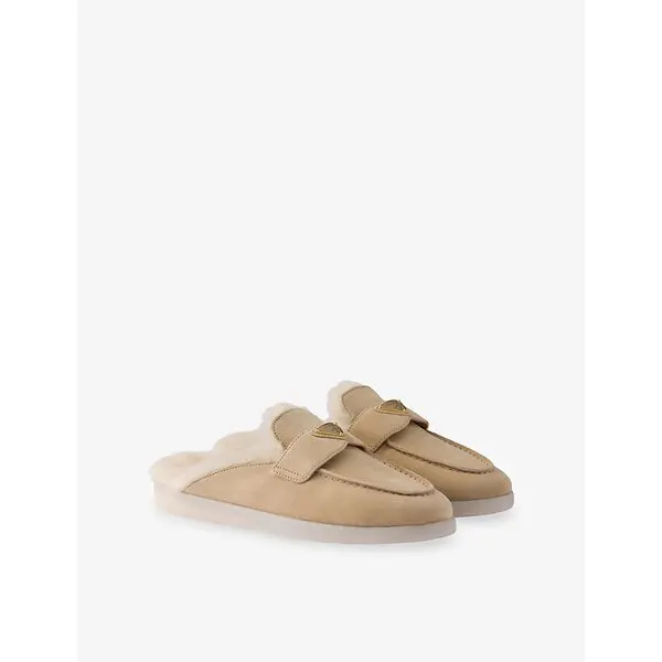 Prada Brand-plaque Suede And Shearling Mules - Neutral