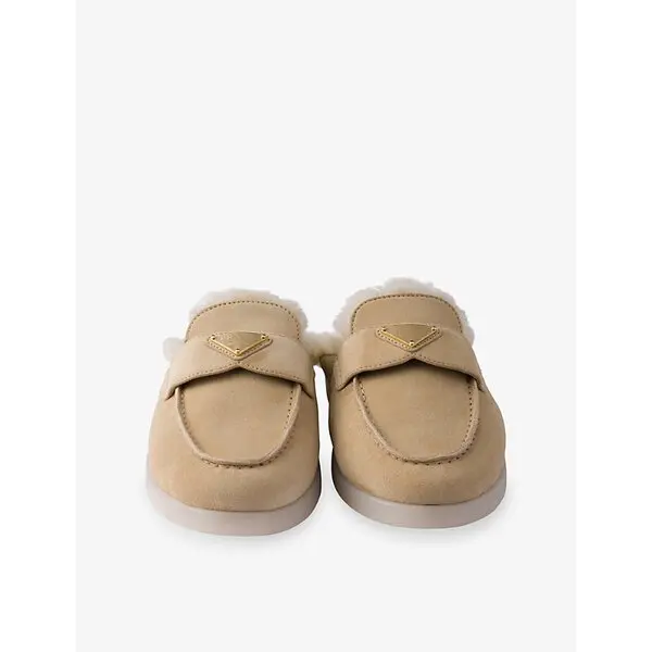 Prada Brand-plaque Suede And Shearling Mules - Neutral