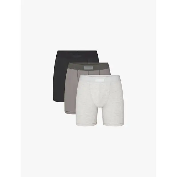 SKIMS Branded-waistband 5in Pack Of Three Stretch-cotton Boxer Briefs - Heather Multi