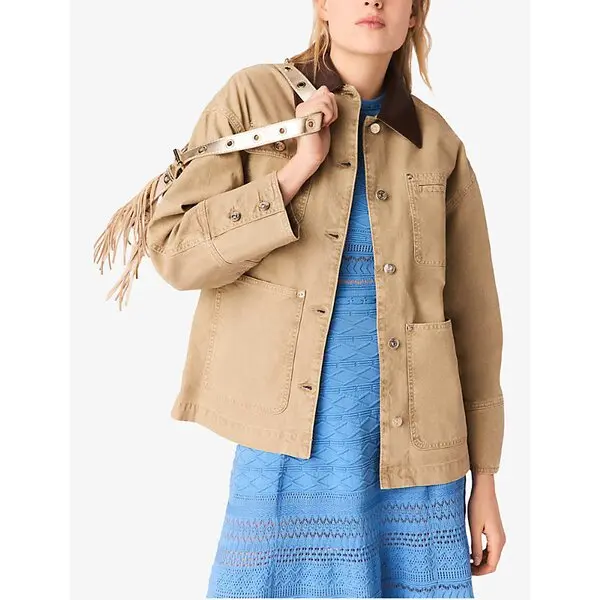 Maje Collared Denim Jacket With Pleated Back