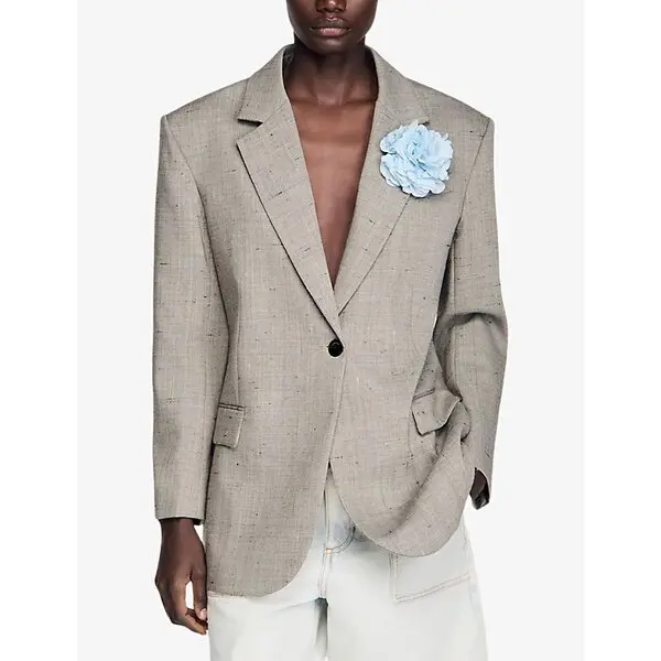 Sandro Wool-blend Checked Jacket With Flower Brooch