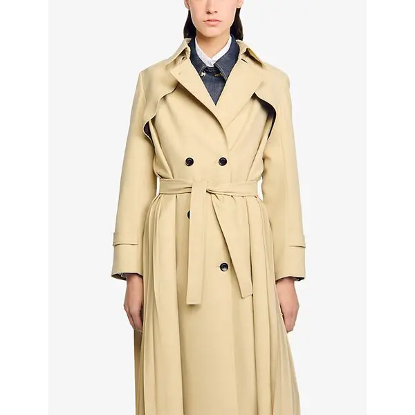 Sandro Belted-waist Double-breasted Stretch-woven Trench - Beige