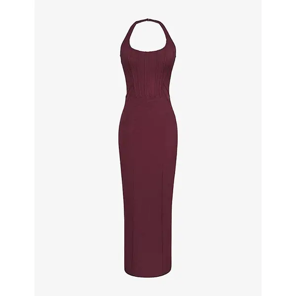 House Of Cb Lusilla Halterneck Stretch-mesh Midi Dress - Grape