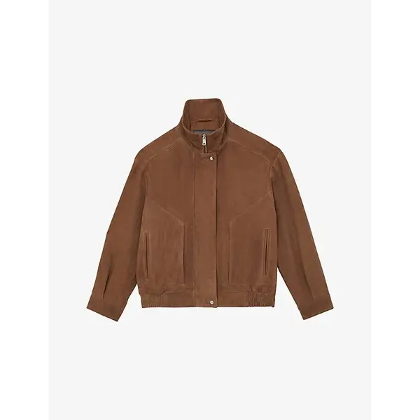 REISS Kiara Funnel-neck Suede Bomber Jacket