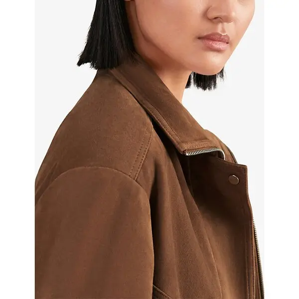 REISS Kiara Funnel-neck Suede Bomber Jacket
