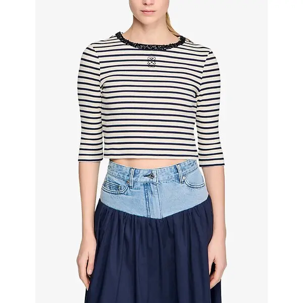Sandro Striped Cropped Cotton-jersey T-shirt