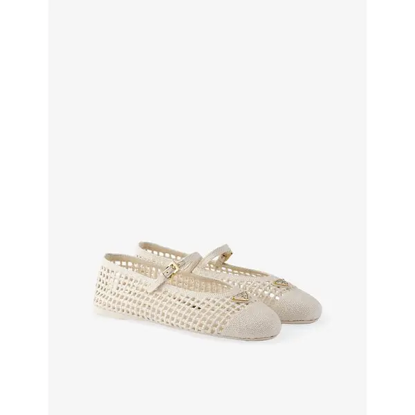Prada Triangle Logo Crochet Ballerina Flats - Neutral