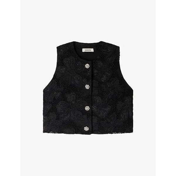 Sandro Cropped Flower-embroidered Woven Top