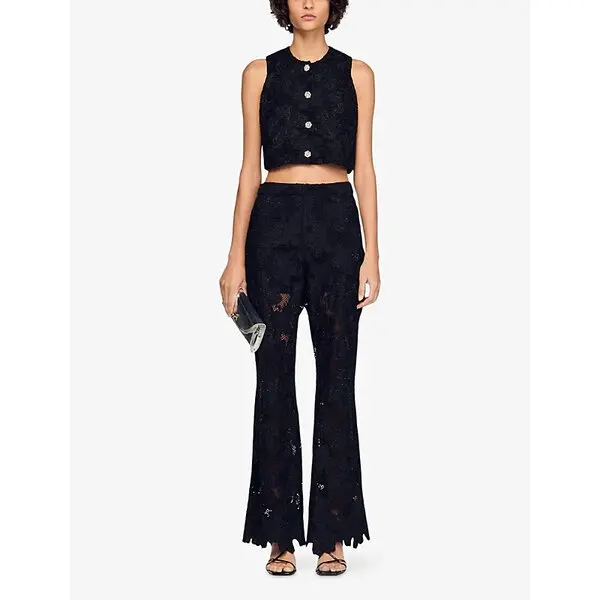 Sandro Cropped Flower-embroidered Woven Top