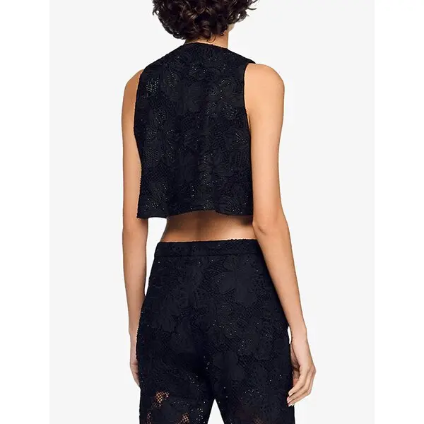 Sandro Cropped Flower-embroidered Woven Top