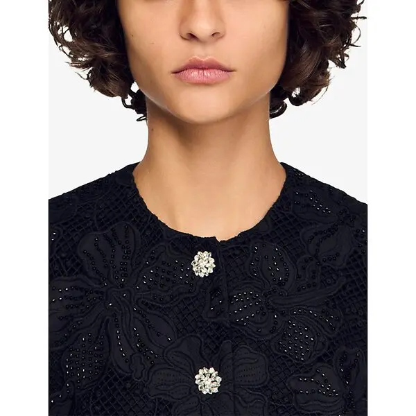 Sandro Cropped Flower-embroidered Woven Top