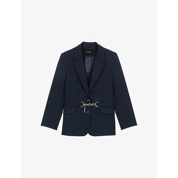 Maje Pinstripe Wool-blend Suit Jacket With Chain Belt