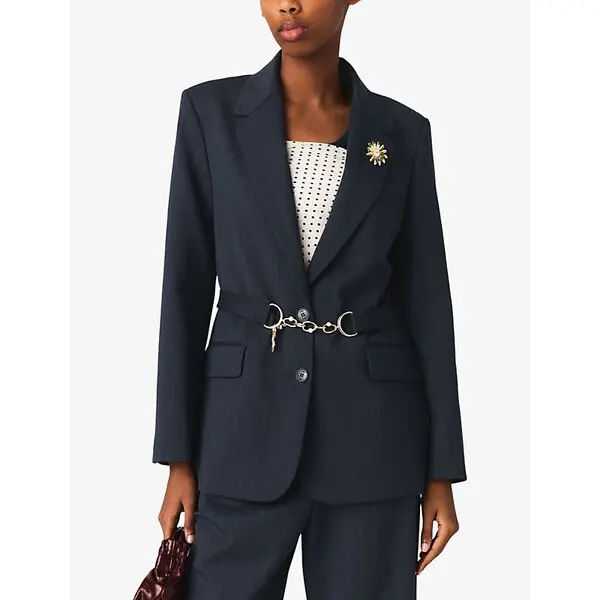 Maje Pinstripe Wool-blend Suit Jacket With Chain Belt