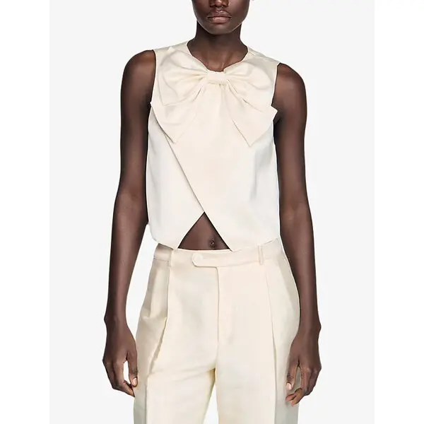 Sandro Bow-appliqué Cropped Satin Top