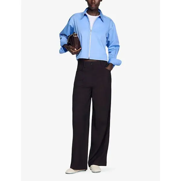 Sandro Logo-embroidered Zip-up Cropped Shirt