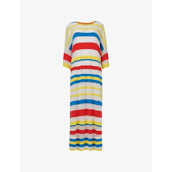 LEEM Striped Round-neck Mesh Kaftan