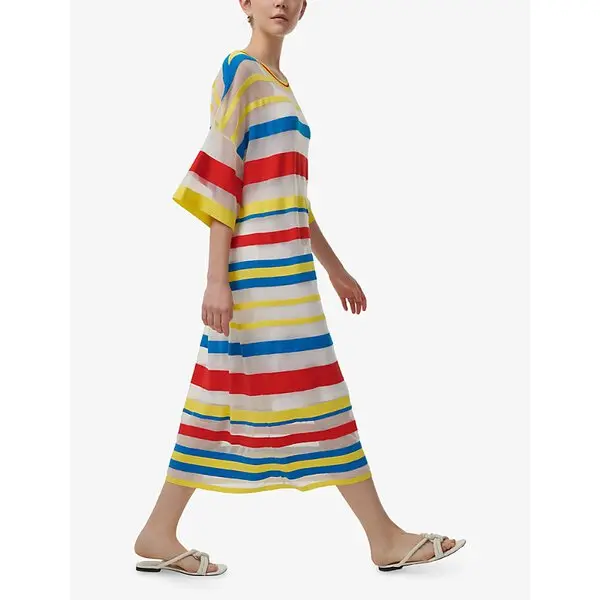 LEEM Striped Round-neck Mesh Kaftan