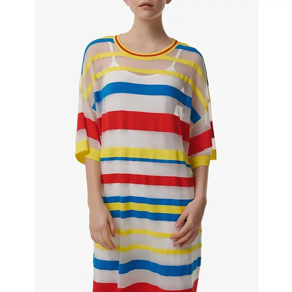 LEEM Striped Round-neck Mesh Kaftan