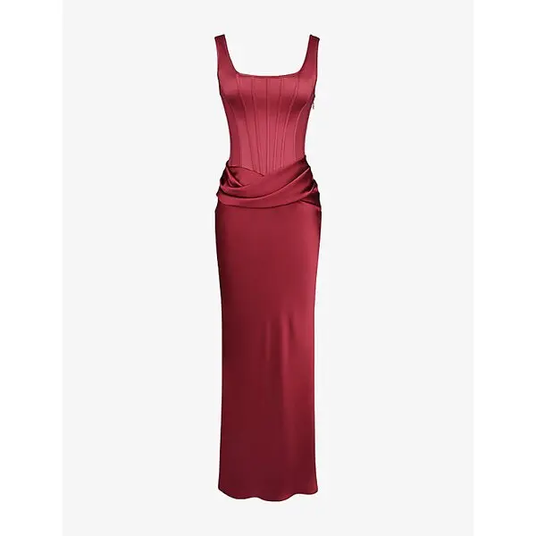 House Of Cb Kira Gathered Satin Maxi Dress - Red