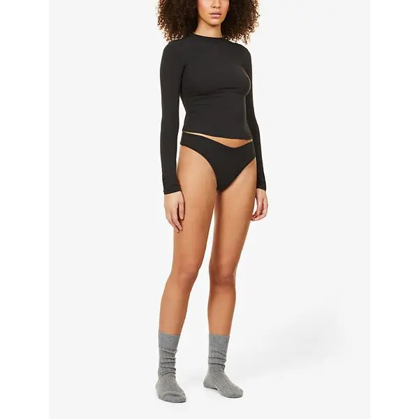 SKIMS Round-neck Long-sleeve Cotton-jersey Top - Soot