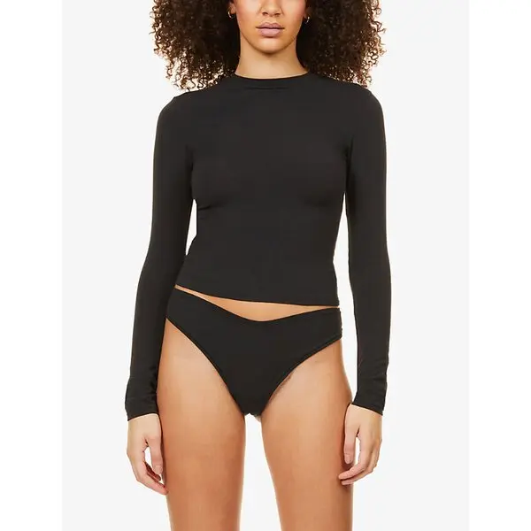 SKIMS Round-neck Long-sleeve Cotton-jersey Top - Soot